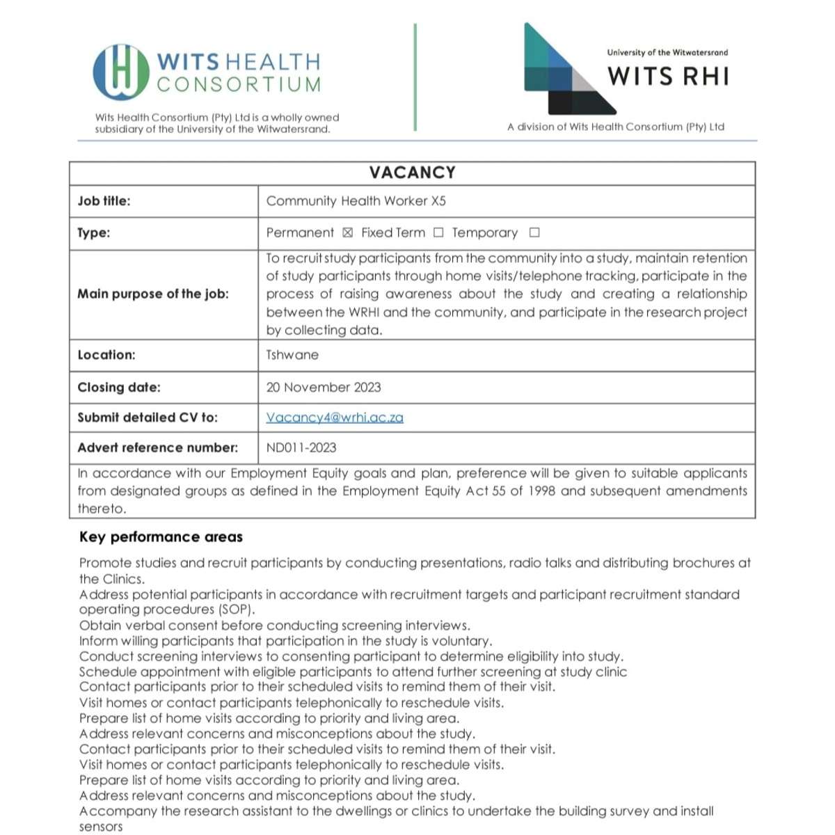 Community Health Worker at Wits Health Consortium - SA Youth Vacancies